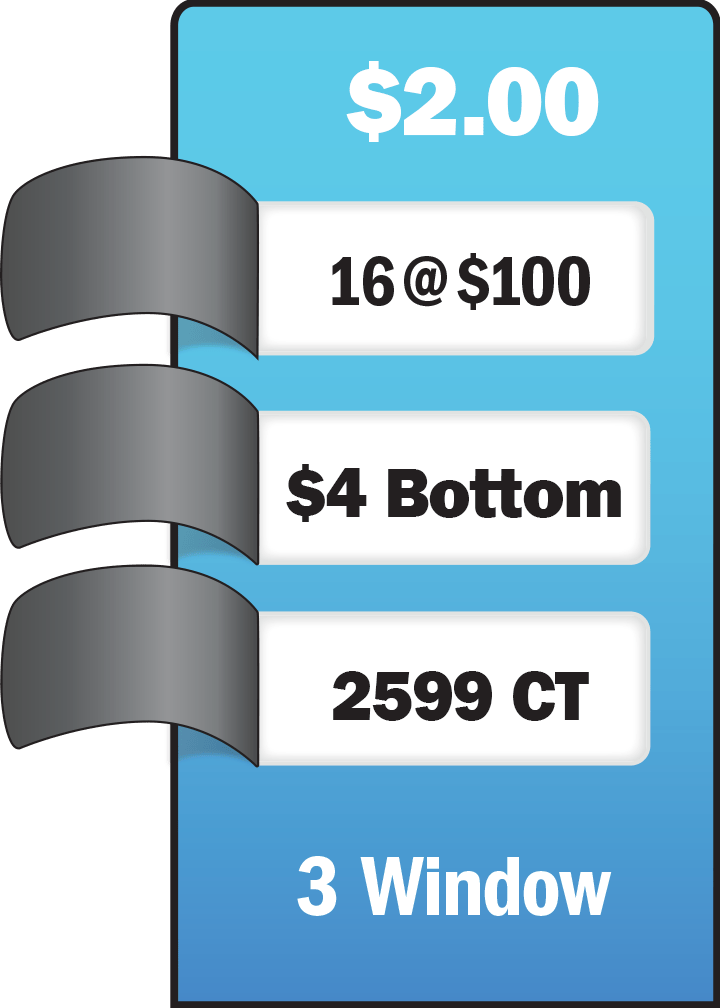 16 Top Winners @ $100 $4 Bottom 3 Window $2 Ticket – Bingo Innovation